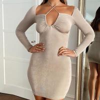 China Sexy Long Sleeve Knit Bodycon Dress Chest Drawstring Halter Neck for sale