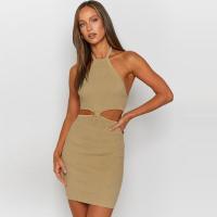 China Halter Neck Knotted Sexy Women Dresses High Waist Hollow Sleeveless Khaki Brown Color for sale