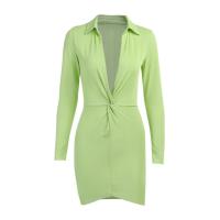 China Green Sexy Long Sleeve Mini Dress High Waist V Neck for sale