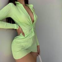 China Green Sexy Long Sleeve Mini Dress High Waist V Neck for sale