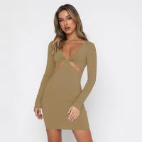 China Deep V Neck Hollow Sexy Women Dresses , Black Long Sleeve Wrap Dress for sale