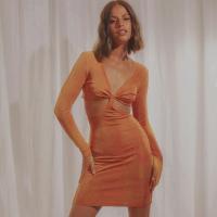 China Hollow Back Bow Tie Long Sleeve V Neck Bodycon Dress Slim Hollow Stitching for sale