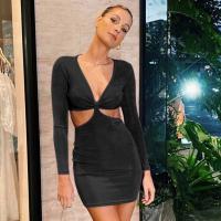China Hollow Back Bow Tie Long Sleeve V Neck Bodycon Dress for sale