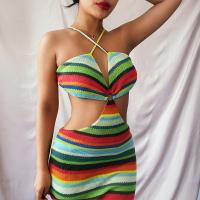 China European and American sexy colorful striped hollow halter beach holiday suspender dress for sale