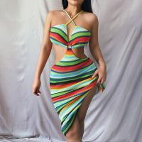 China European and American sexy colorful striped hollow halter beach holiday suspender dress for sale