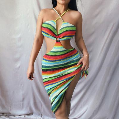 China European and American sexy colorful striped hollow halter beach holiday suspender dress for sale