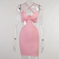 China Low Cut Halter Suspender Sexy Women Dresses 61cm Pink High Waist Hollow Stitching for sale
