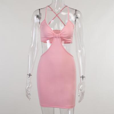 China Low Cut Halter Suspender Sexy Women Dresses 61cm Pink High Waist Hollow Stitching for sale