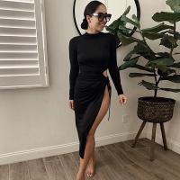 China Autumn C Drawstring High Neck Long Sleeve Maxi Dress for sale