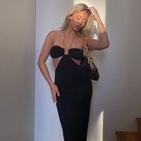 China Halter Strap Backless Low Cut Sexy Summer Midi Dress Polyester 95% Spandex 5% for sale