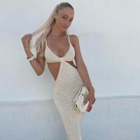 China Midi Length Elegant Sexy Women Dresses , 116cm Low Cut Halter Dresses Five Color for sale