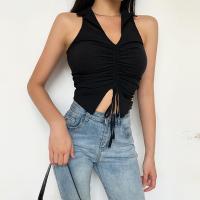 China Drawstring Straps Women Crop Top Lapel Sleeveless Three Color for sale