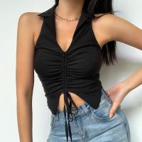 China Drawstring Straps Women Crop Top Lapel Sleeveless Three Color for sale