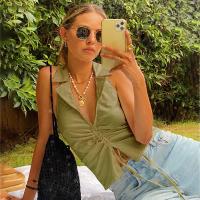 China Drawstring Straps Women Crop Top Lapel Sleeveless Three Color for sale