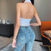China Backless Button Front Women Crop Top , Sleeveless Cotton Halter Tank Top for sale