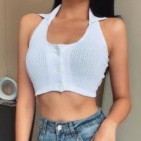 China Backless Button Front Women Crop Top , Sleeveless Cotton Halter Tank Top for sale