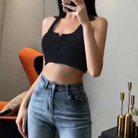 China Backless Button Front Women Crop Top , Sleeveless Cotton Halter Tank Top for sale