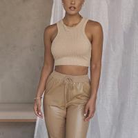 China Slim Women's High Waisted Leather Pants Temperament Ribbing Splicing for sale