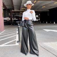 China Sexy High Waist Womens Wide Leg Leather Pants Solid Color for sale