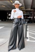 China Sexy High Waist Womens Wide Leg Leather Pants Solid Color for sale
