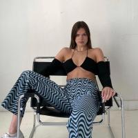 China Summer Wave Pattern Ladies Casual Pants High Waisted Casual Trousers for sale
