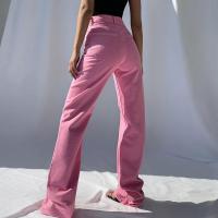 China Pink Ripped High Waist Straight Wide Leg Jeans Women for sale