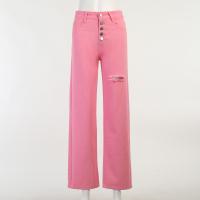 China Pink Ripped High Waist Straight Wide Leg Jeans Women for sale