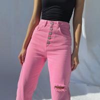 China Pink Ripped High Waist Straight Wide Leg Jeans Women for sale