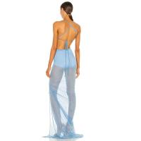 China Solid Color Womens Party Maxi Dresses Hollow Sling Lace High Slit for sale