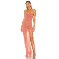 China Solid Color Womens Party Maxi Dresses Hollow Sling Lace High Slit for sale