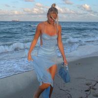 China Solid Color Womens Party Maxi Dresses Hollow Sling Lace High Slit for sale