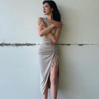 China Drawstring Womens Party Maxi Dresses Stitching Slanting Shoulder Navel High Fork for sale
