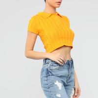 China Lapel Single Breasted Womens Cropped Polo Shirt Short Sleeve for sale