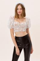 China Square Neck Puff Sleeve Backless White Lace Crop Top Short Sleeve for sale