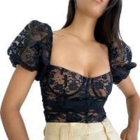 China Square Neck Puff Sleeve Backless White Lace Crop Top Short Sleeve for sale