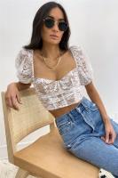 China Square Neck Puff Sleeve Backless White Lace Crop Top Short Sleeve for sale