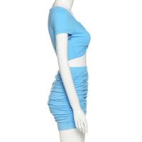 China Blue Two Piece Casual Set Short Sleeve V Neck T Shirt High Waist Bodycon Skirt for sale