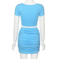 China Blue Two Piece Casual Set Short Sleeve V Neck T Shirt High Waist Bodycon Skirt for sale