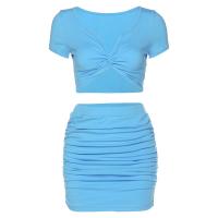 China Blue Two Piece Casual Set Short Sleeve V Neck T Shirt High Waist Bodycon Skirt for sale
