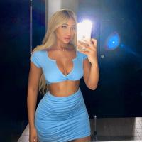 China Blue Two Piece Casual Set Short Sleeve V Neck T Shirt High Waist Bodycon Skirt for sale