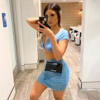 China Blue Two Piece Casual Set Short Sleeve V Neck T Shirt High Waist Bodycon Skirt for sale