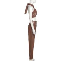 China Brown Two Piece Casual Set Sexy Halter Vest Slim Straight Trousers Suit for sale