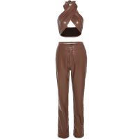 China Brown Two Piece Casual Set Sexy Halter Vest Slim Straight Trousers Suit for sale