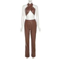 China Brown Two Piece Casual Set Sexy Halter Vest Slim Straight Trousers Suit for sale