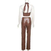 China Brown Two Piece Casual Set Sexy Halter Vest Slim Straight Trousers Suit for sale