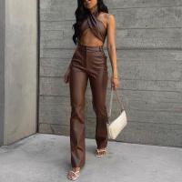 China Brown Two Piece Casual Set Sexy Halter Vest Slim Straight Trousers Suit for sale