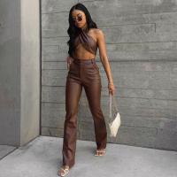 China Brown Two Piece Casual Set Sexy Halter Vest Slim Straight Trousers Suit for sale