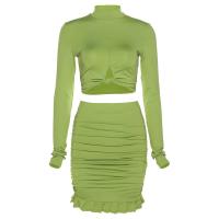 China Green Two Piece Casual Set Round Neck Long Sleeve Hollow T Shirt Slim Fit Hip Skirt for sale