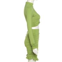 China Green Two Piece Casual Set Round Neck Long Sleeve Hollow T Shirt Slim Fit Hip Skirt for sale