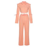 China Thick 2 Piece Casual Pants Set Short T Shirt High Waist Straight Leg Pants Suit for sale